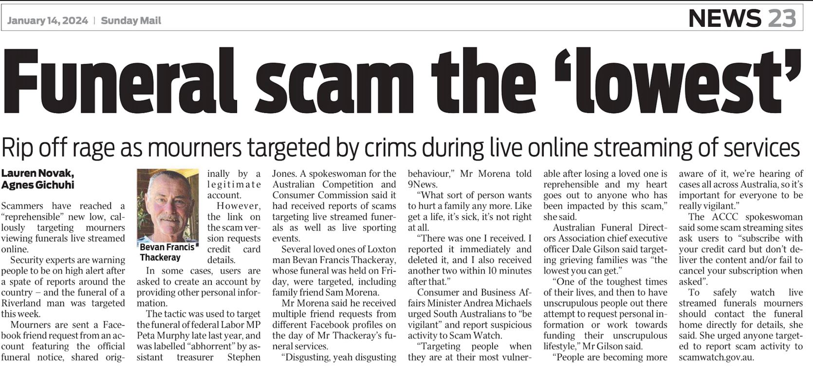 Information to Members – Please note Sunday Mail Article re Funeral ...