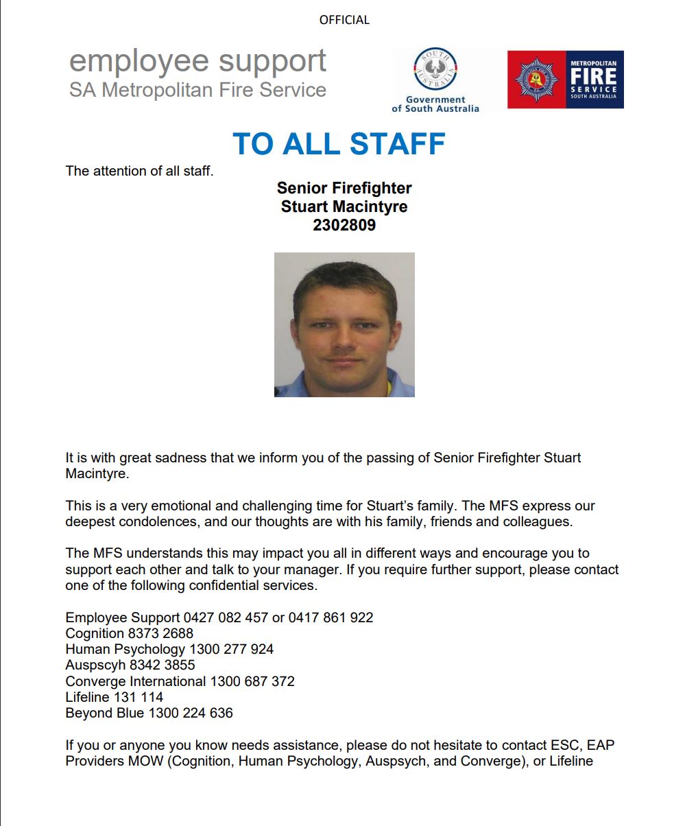 Notice to Members – The Passing of Senior Firefighter Stuart Macintyre ...